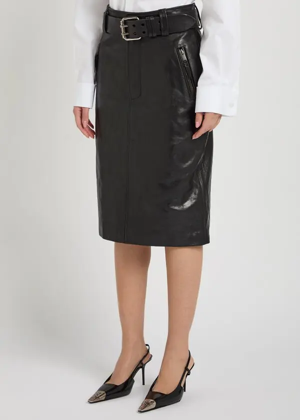 Saint Laurent Belted Leather Midi Skirt