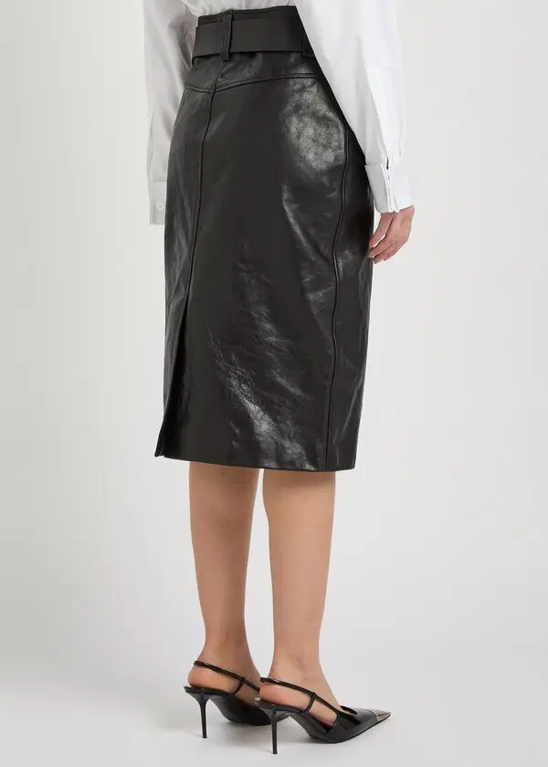 Saint Laurent Belted Leather Midi Skirt