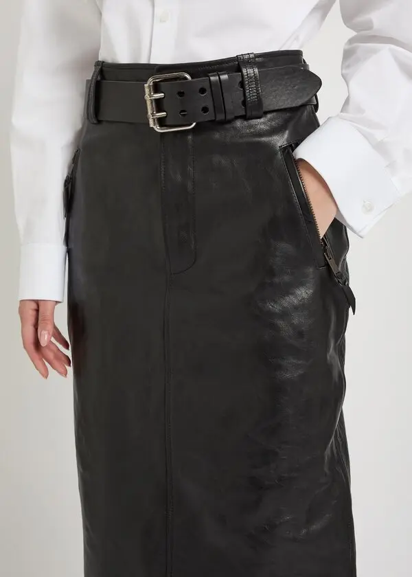 Saint Laurent Belted Leather Midi Skirt