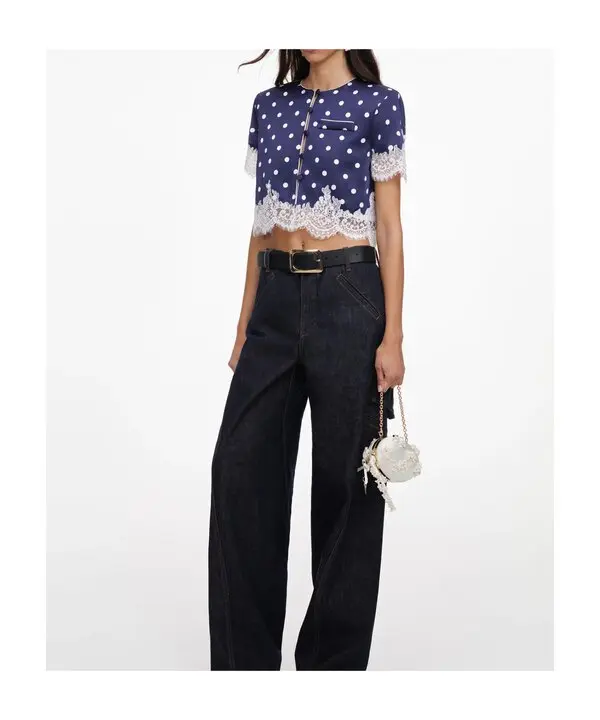 SELF-PORTRAIT Navy Polka Dot Satin Top - Black