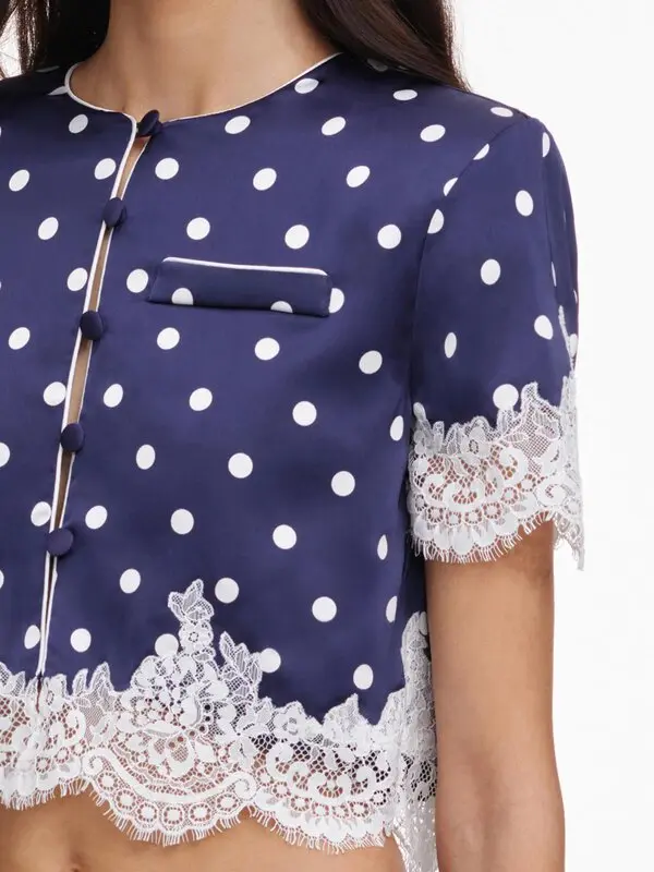 SELF-PORTRAIT Navy Polka Dot Satin Top - Black