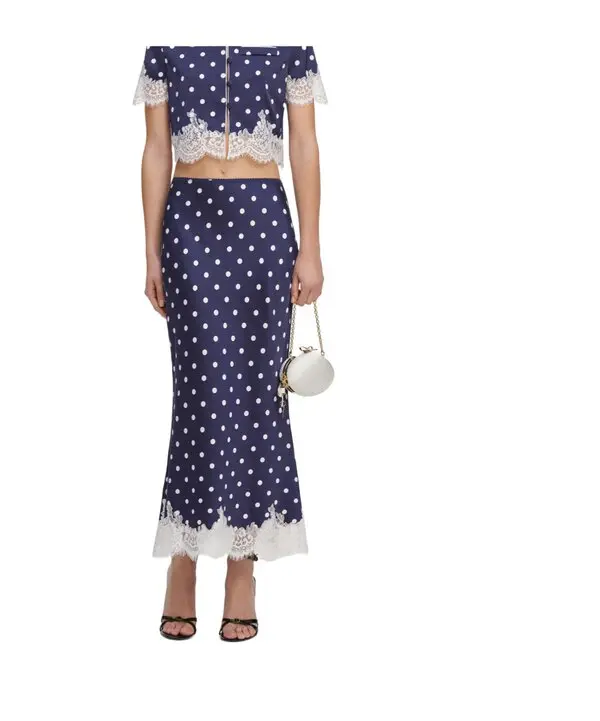 SELF-PORTRAIT Navy Polka Dot Satin Midi Skirt - Blue