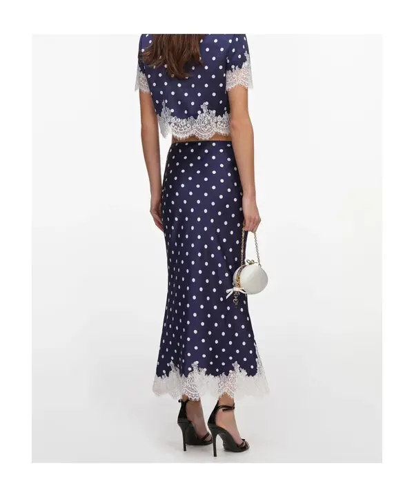 SELF-PORTRAIT Navy Polka Dot Satin Midi Skirt