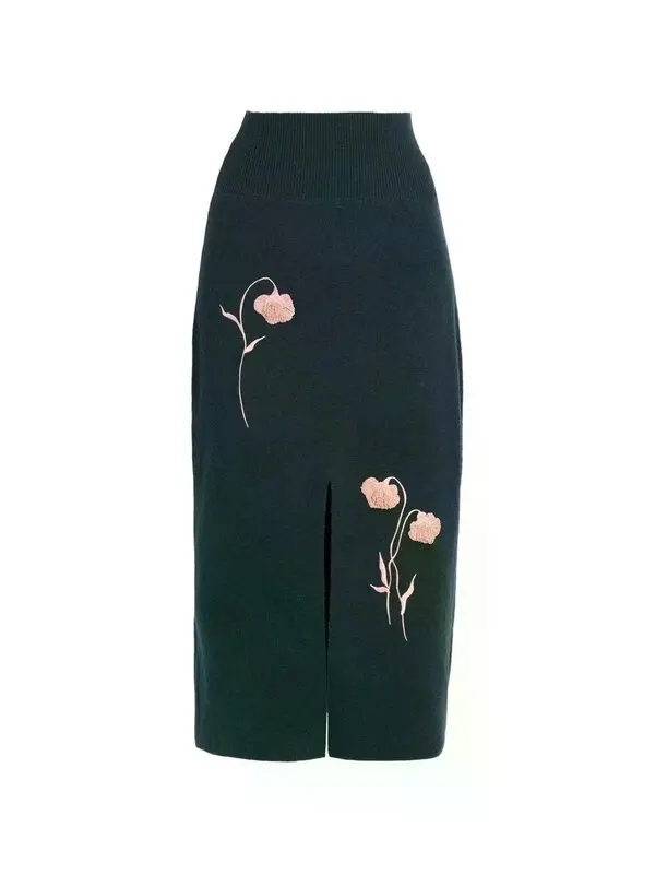 Erdem Forest Green Floral Embroidered Knit Pencil Skirt - Blue