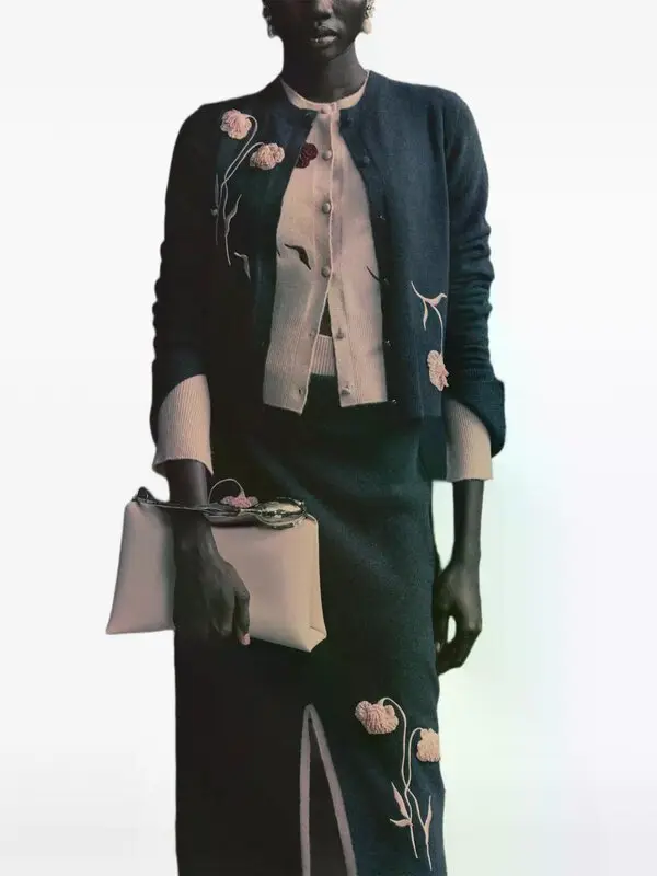 Erdem Forest Green Floral Embroidered Knit Pencil Skirt - Blue