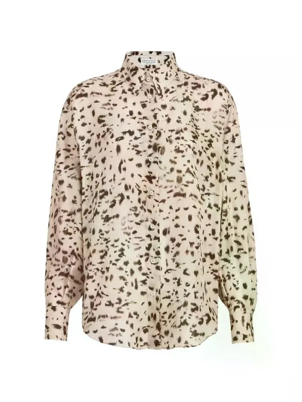 Brunello Cucinelli Lynx Print Monili Embellished Silk Pongee Shirt