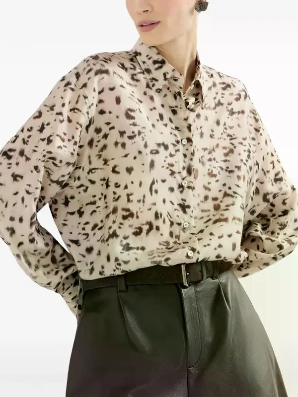 Brunello Cucinelli Lynx Print Monili Embellished Silk Pongee Shirt