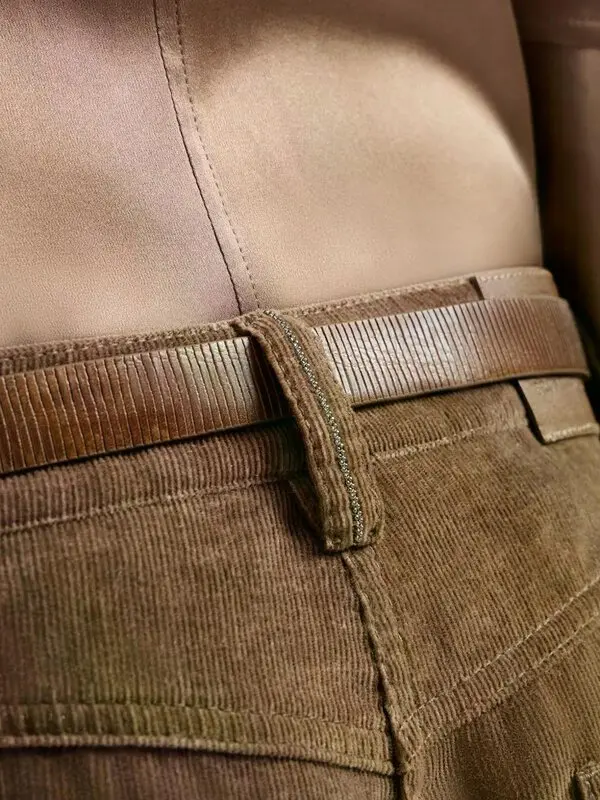 Brunello Cucinelli Stretch Cotton And Cashmere Corduroy Maxi Trousers With Monili Embroidery - Brown