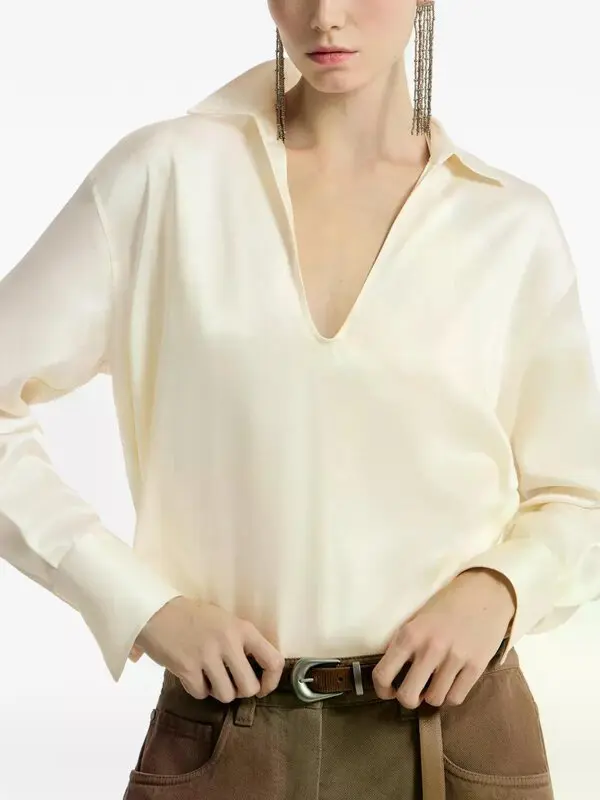 Brunello Cucinelli Silk Satin V-neck Blouse With Buttoned Cuffs