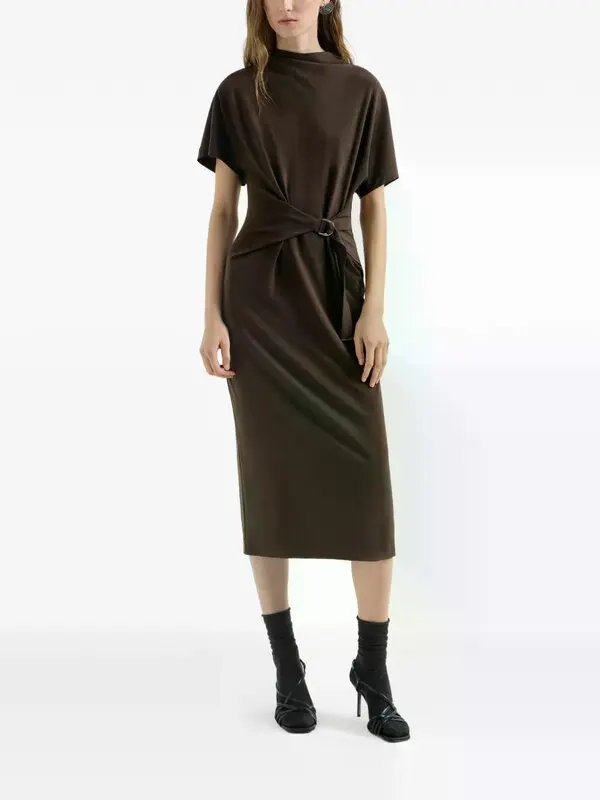 Brunello Cucinelli Techno Wool Jersey Wrap Belt Dress With Monili