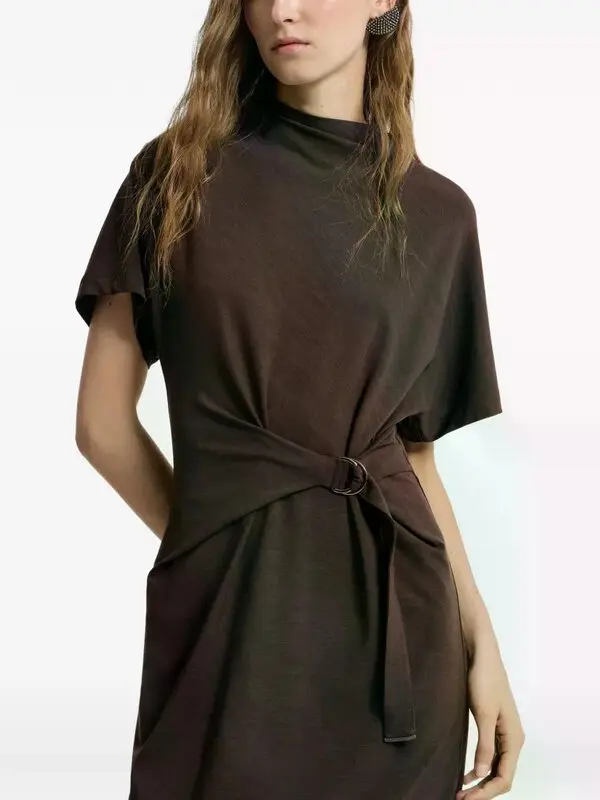 Brunello Cucinelli Techno Wool Jersey Wrap Belt Dress With Monili