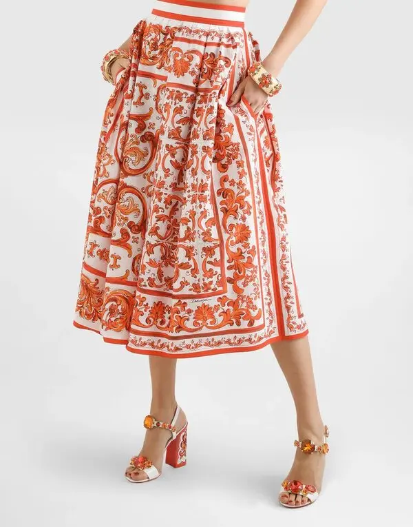Dolce & Gabbana Majolica-printed Poplin Pleated Midi Skirt - Multi-color