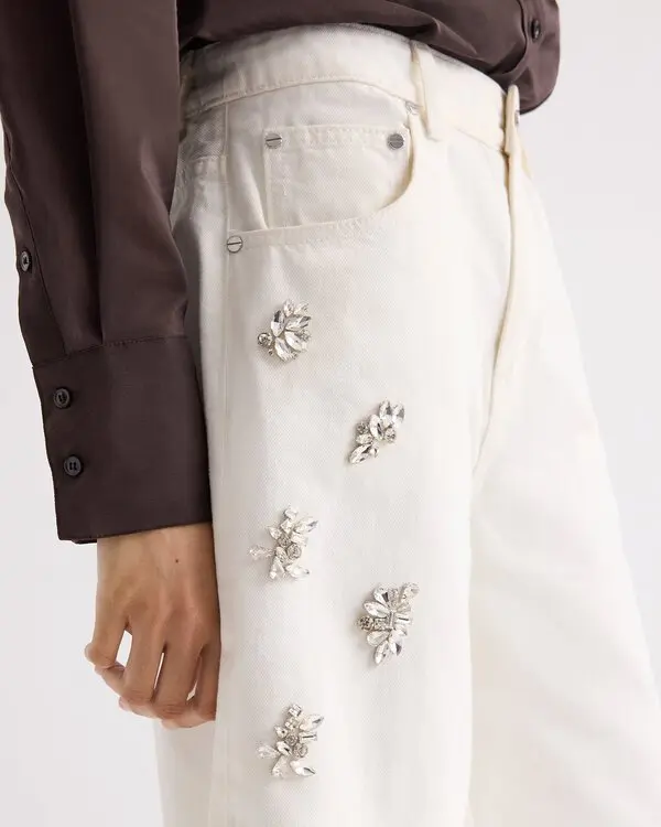 TWP Crystal Embellished Relaxed Fit Denim Shorts - White