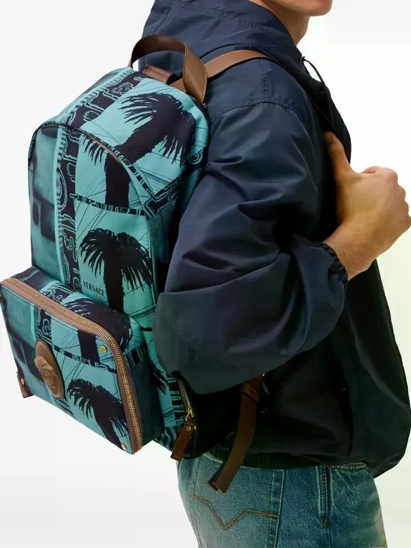 Versace Sunset Palms Print Canvas Backpack - Blue