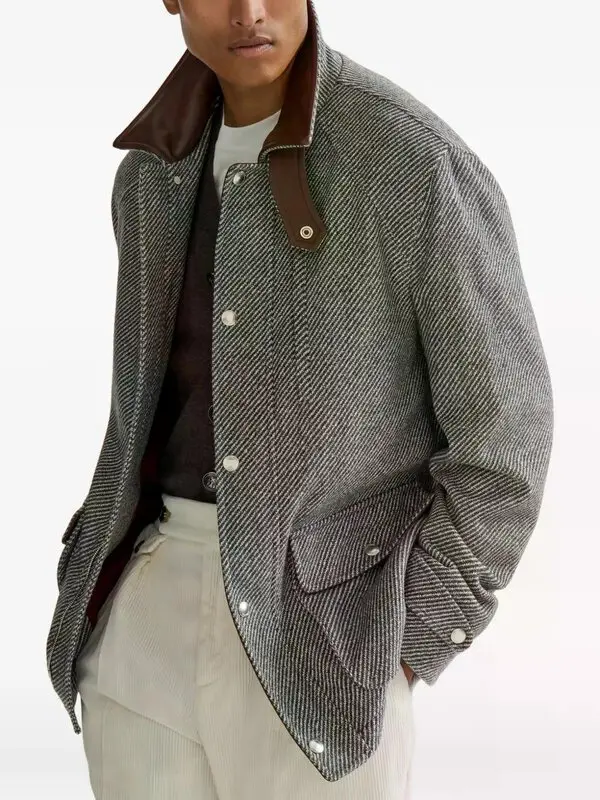 Brunello Cucinelli Cashmere And Silk Diagonal Field Jacket With Nappa Leather Inserts