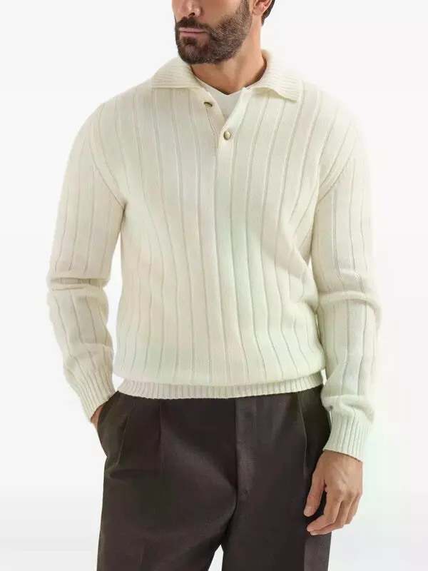 Brunello Cucinelli Cashmere Ribbed Knit Long Sleeve Polo - Neutrals