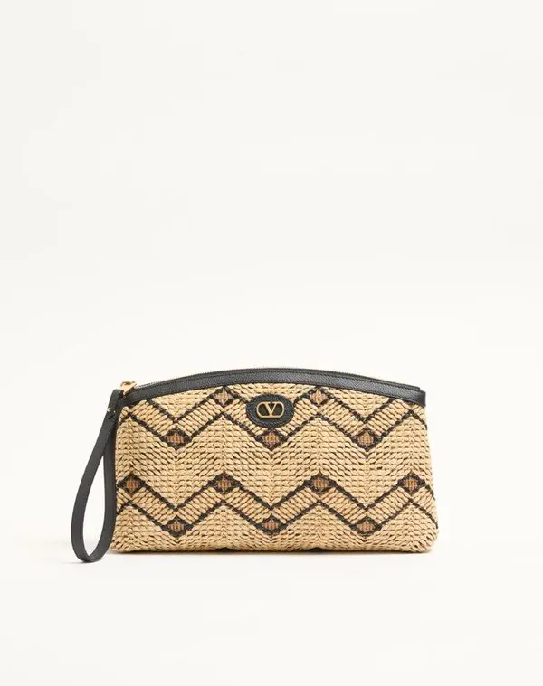 Valentino Garavani Raffia Clutch Bag With Geometric Pattern - Natural/black