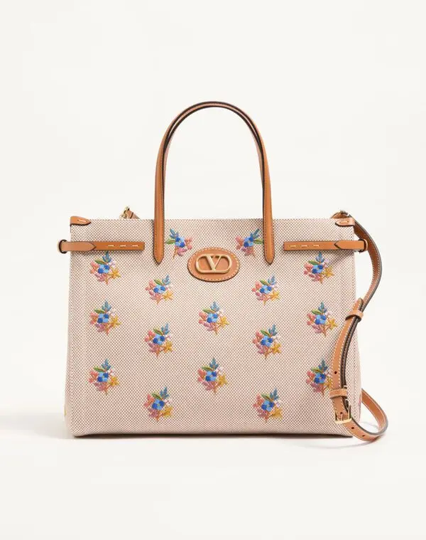 Valentino Garavani Embroidered Canvas Antibes Shopping Bag - Natural/multicolour