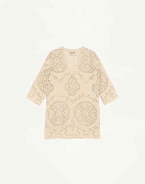 Valentino Garavani Short Dress In Floral Stamp Blanket - Ecru/silver