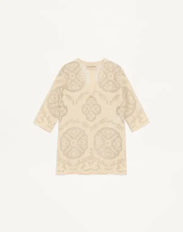 Valentino Garavani Short Dress In Floral Stamp Blanket - Ecru/silver