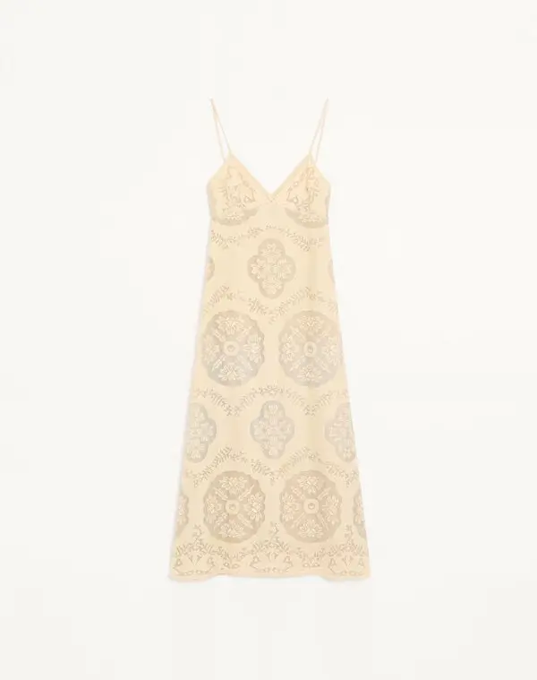 Valentino Garavani Midi Dress In Floral Stamp Blanket - Ecru/silver