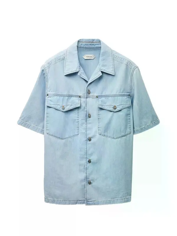 Versace Embroidered-logo Denim Cotton Shirt - Blue