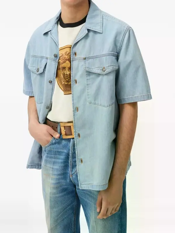 Versace Embroidered-logo Denim Cotton Shirt