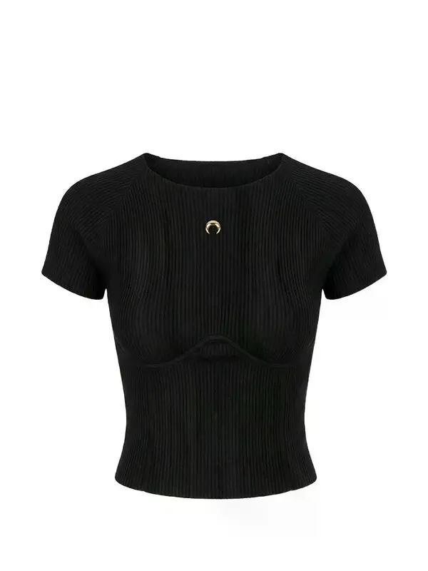 MARINE SERRE Ribbed Knit Crescent Moon Top - Black