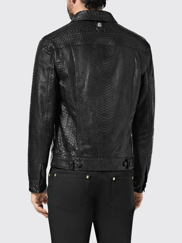 BILLIONAIRE Snakeskin Leather Shirt Jacket With Applied Patch Pockets - Black