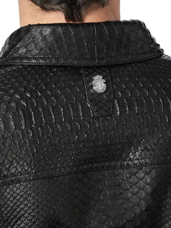 BILLIONAIRE Snakeskin Leather Shirt Jacket With Applied Patch Pockets - Black