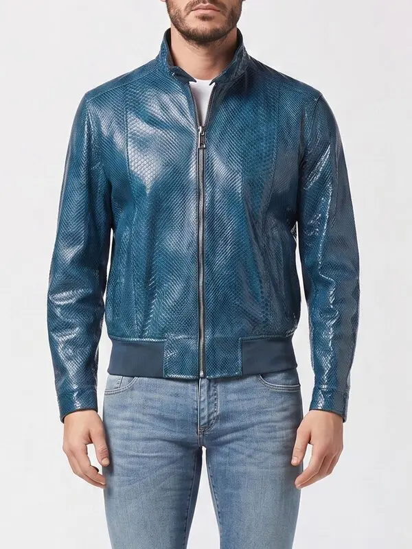 BILLIONAIRE Snakeskin Leather Bomber Jacket - Turquoise