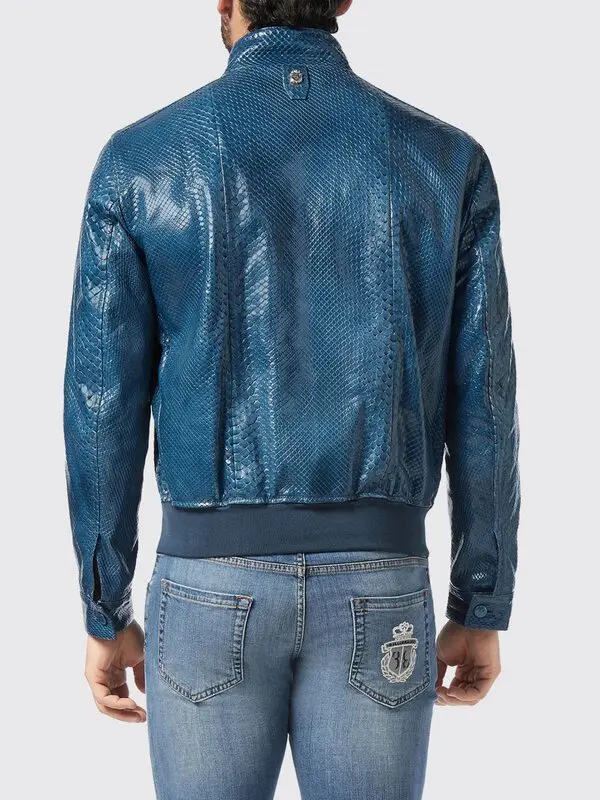 BILLIONAIRE Snakeskin Leather Bomber Jacket - Turquoise