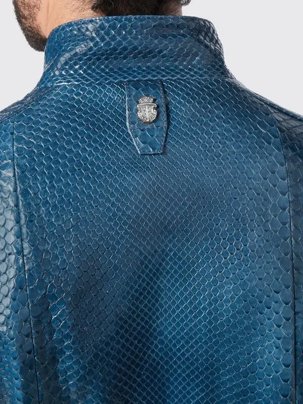 BILLIONAIRE Snakeskin Leather Bomber Jacket - Turquoise