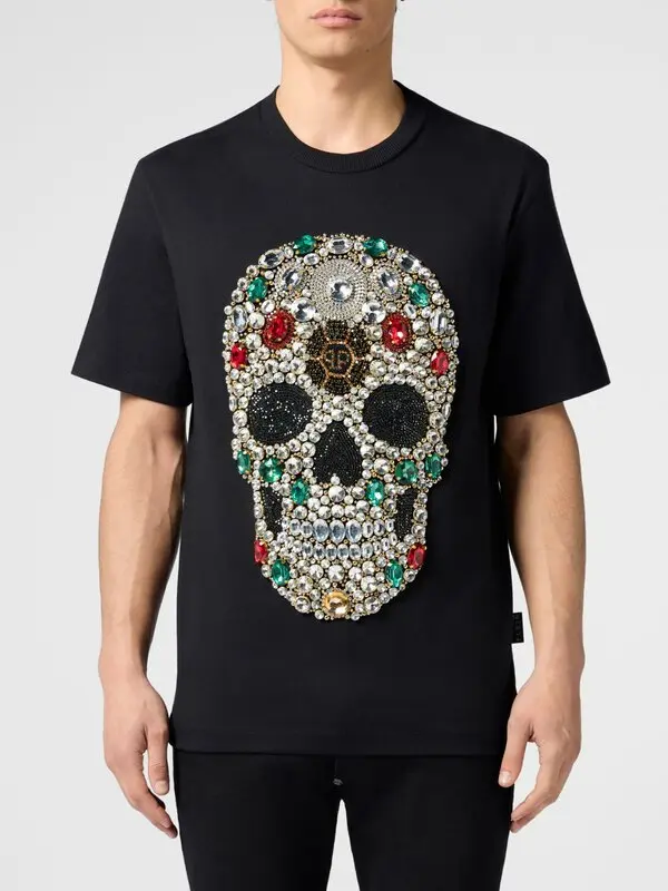 Philipp Plein Cotton T-shirt With Skull Print And Rhinestone Applications
