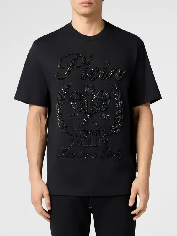 Philipp Plein Cotton T-shirt With Embroidered Logo And Bead And Rhinestone Applications