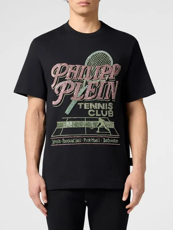 Philipp Plein Tennis Club Cotton T-shirt With Rhinestone Embroidered Logo