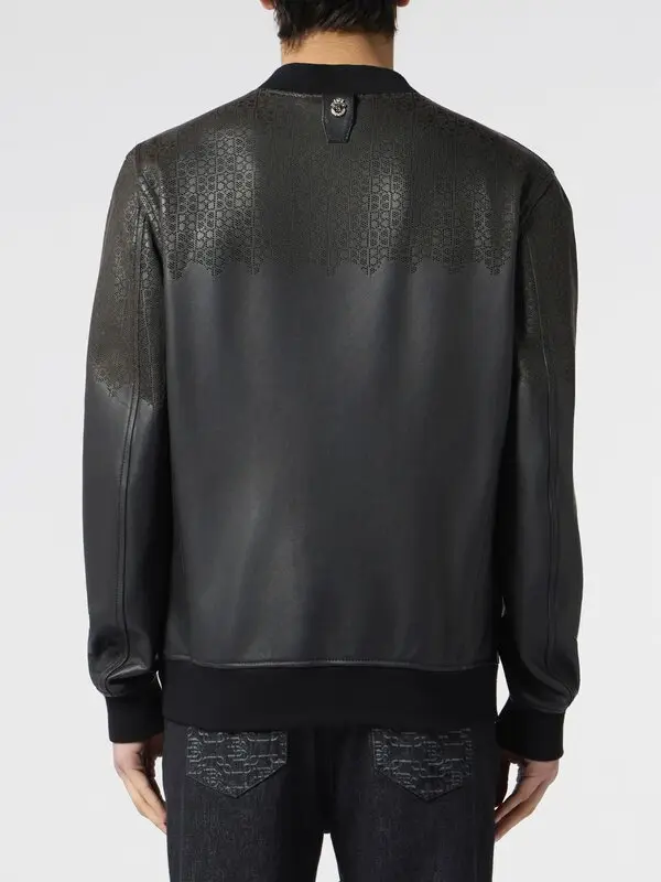 BILLIONAIRE Leather Bomber Jacket With Monogram Pattern And Applied Logo - Black