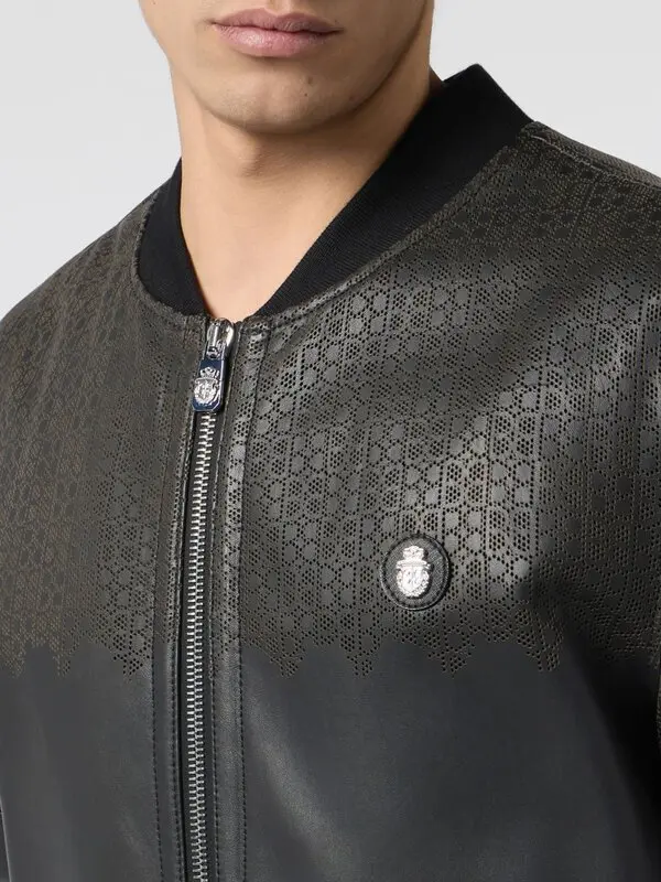 BILLIONAIRE Leather Bomber Jacket With Monogram Pattern And Applied Logo - Black