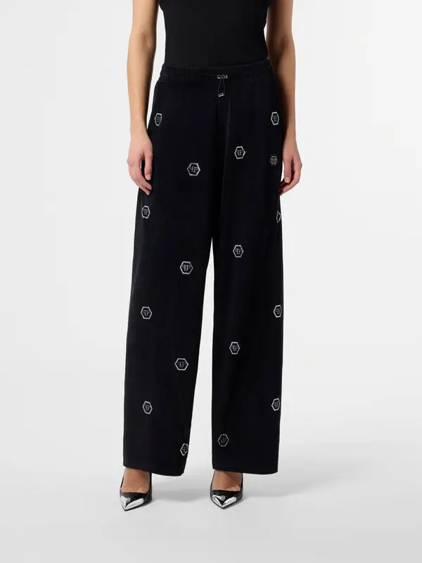 Philipp Plein Chenille Velvet Embellished Wide Leg Jogging Trousers - Black