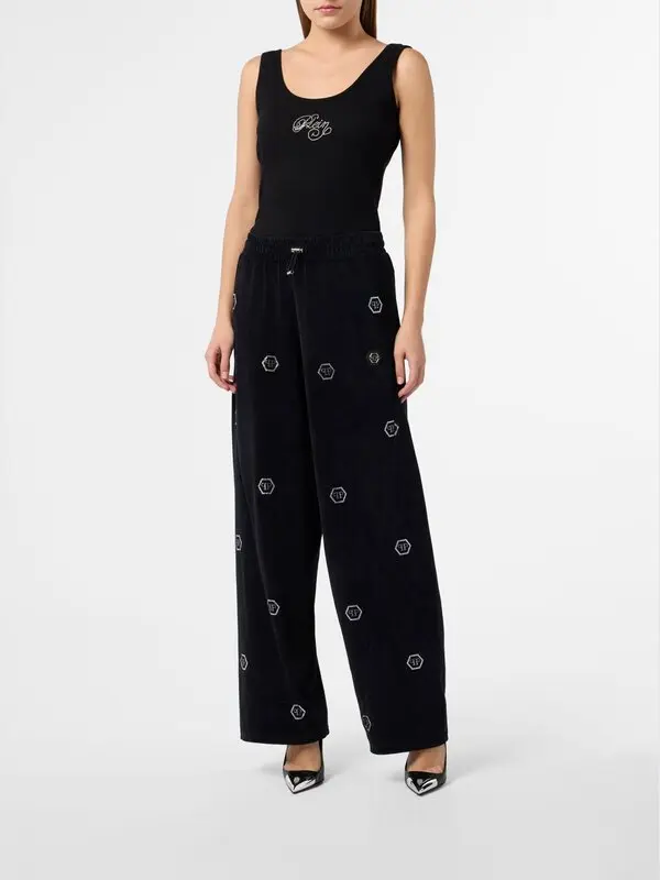 Philipp Plein Chenille Velvet Embellished Wide Leg Jogging Trousers