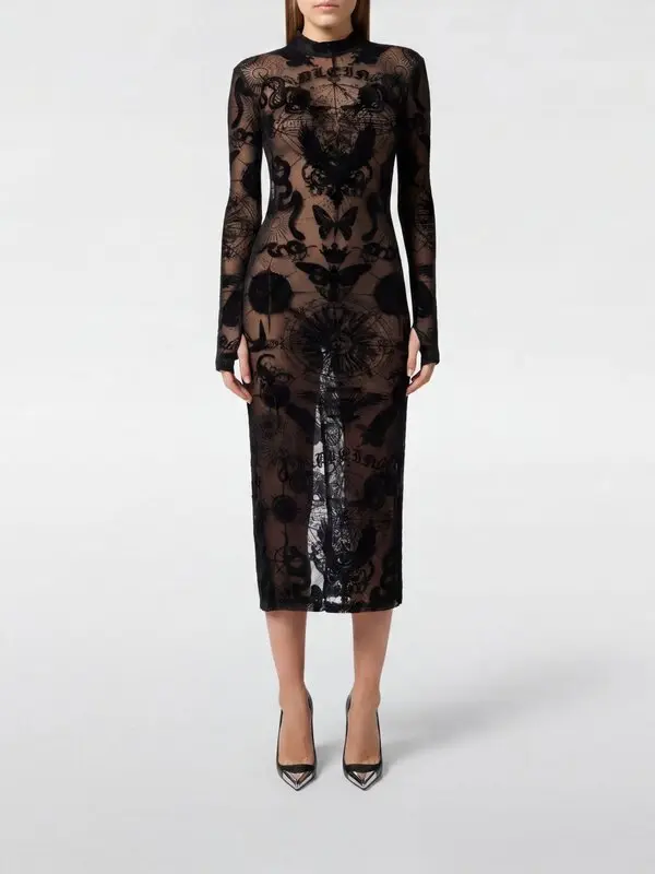 Philipp Plein Long Sleeve Graphic Print Sheath Dress - Black