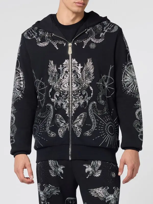 Philipp Plein Cotton Hoodie With Skull Print And Rhinestone Embellishments