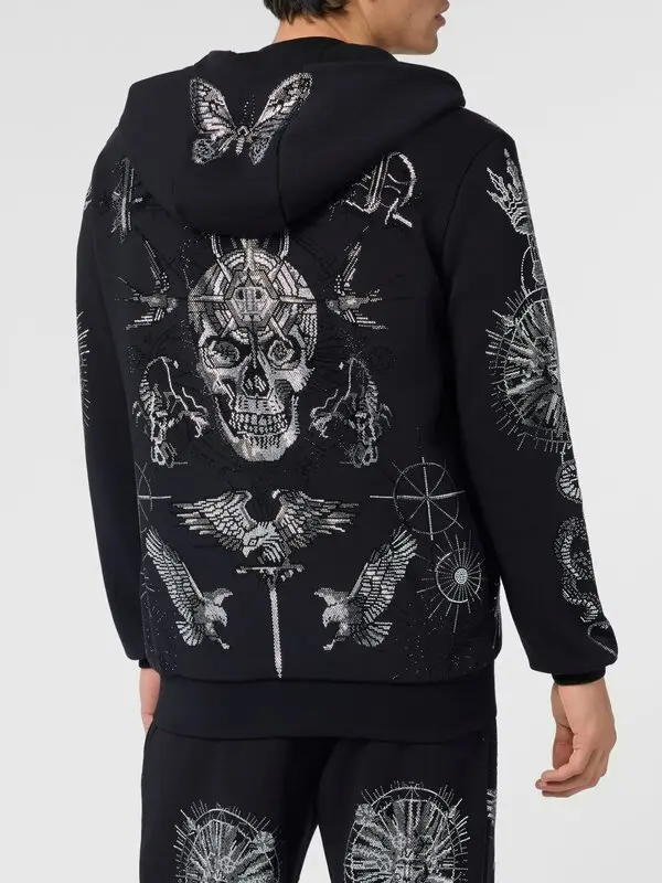 Philipp Plein Cotton Hoodie With Skull Print And Rhinestone Embellishments