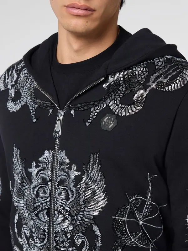 Philipp Plein Cotton Hoodie With Skull Print And Rhinestone Embellishments