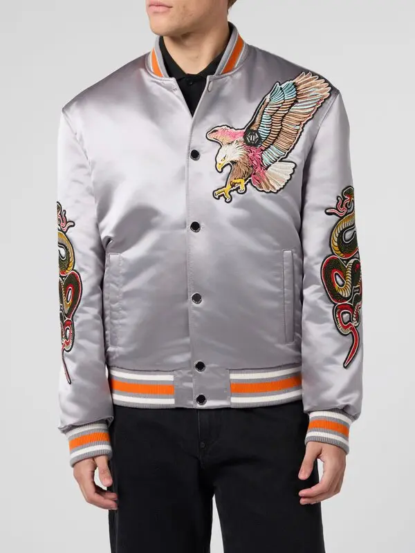 Philipp Plein Embroidered Satin Bomber Jacket - Grey