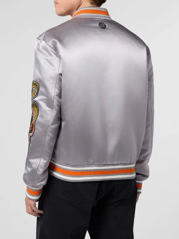 Philipp Plein Satin Bomber Jacket With Embroidered Patches And Hexagon Logo - Grey