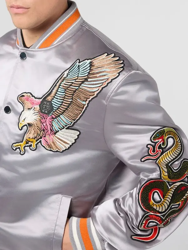Philipp Plein Satin Bomber Jacket With Embroidered Patches And Hexagon Logo - Grey