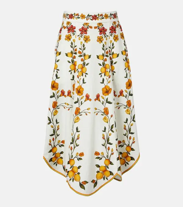 Farm Rio Lemon Bouquet Linen-blend Midi Skirt