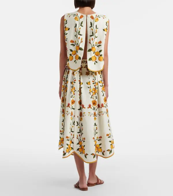 Farm Rio Lemon Bouquet Linen-blend Midi Skirt