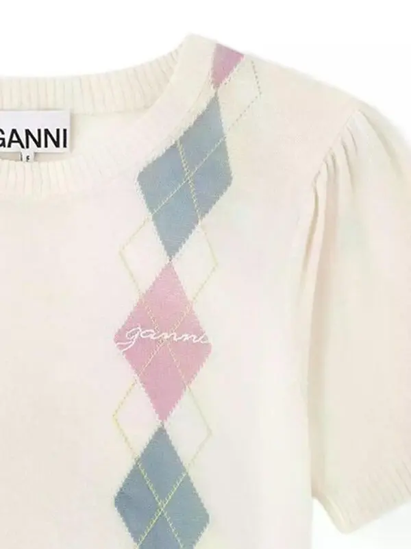 GANNI Argyle Pattern Puff-sleeve T-shirt - White